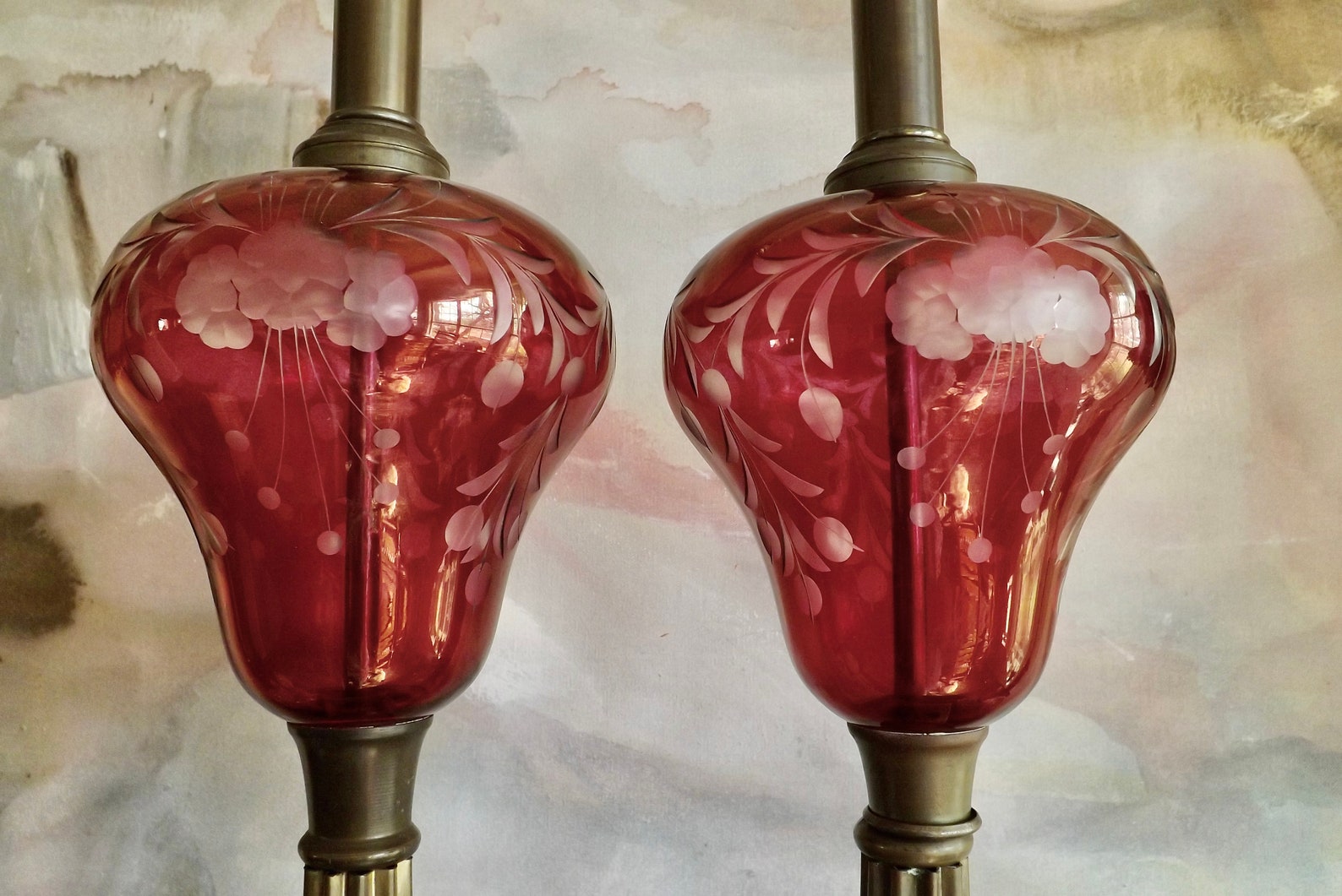 Vintage Matching Tall Etched Cranberry Glass Table Lamps Set - Etsy