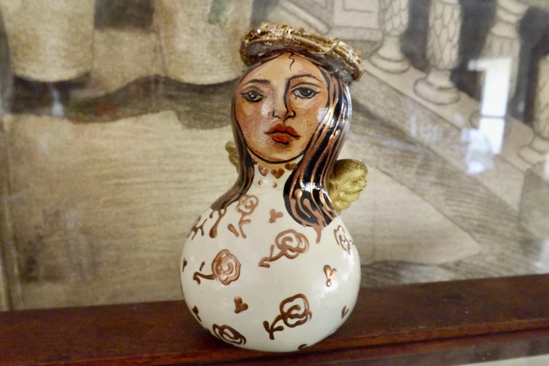 Folk Art Gourd Angel Handmade Painted Gold With Flowers and Wings - Etsy