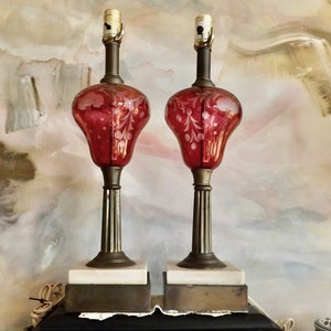 Vintage Matching Tall Etched Cranberry Glass Table Lamps Set - Etsy