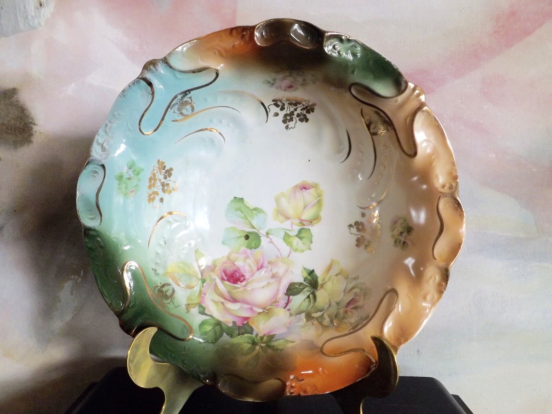 Delicate Bavarian Porcelain Bowl Detailed Pink Roses Gold Brown Green ...