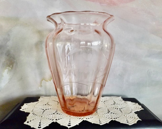 Pink Depression Glass Vase Perfect Mothers Day Gift 8" Tall With Etched ...