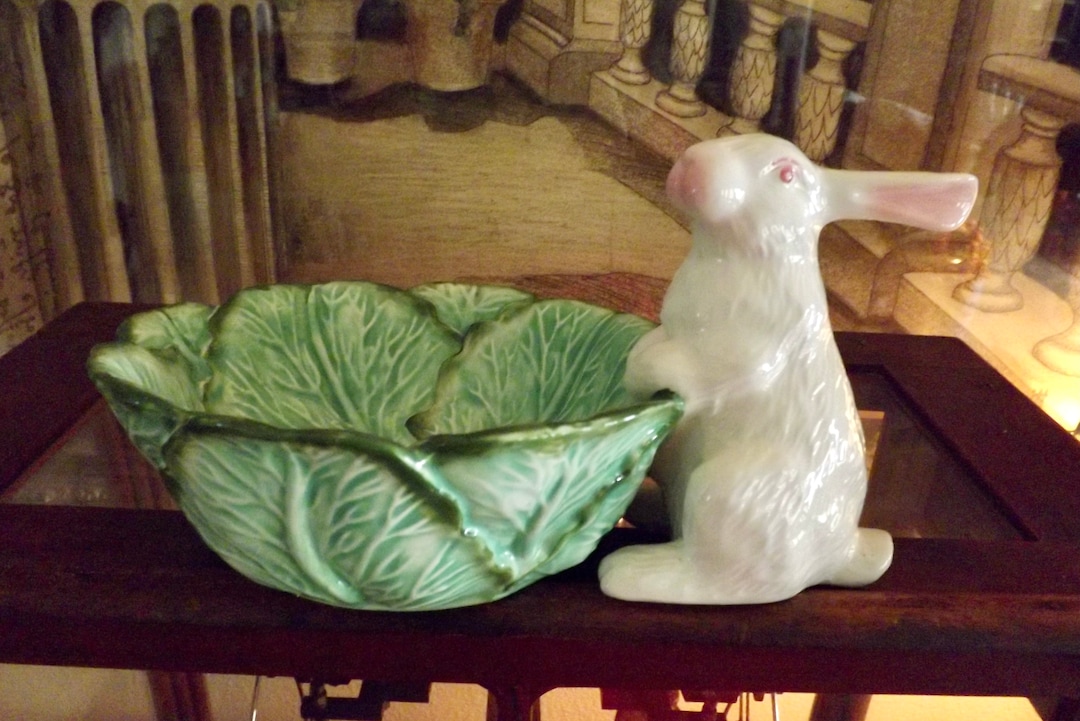 Majolica Cabbage Bowl With White Standing Bunny Rabbit Candy Dish ...