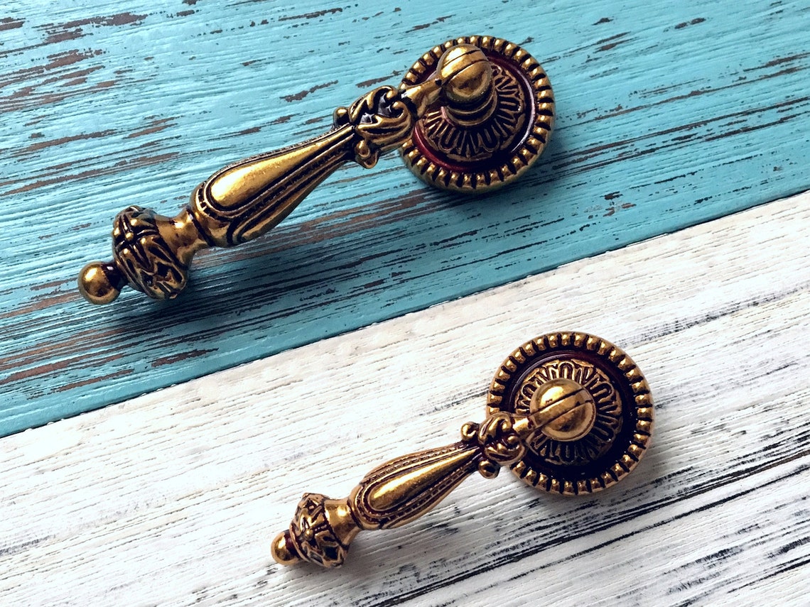 Antique Gold Brass Drop Drawer Knob Pulls Dresser Knobs Pull | Etsy