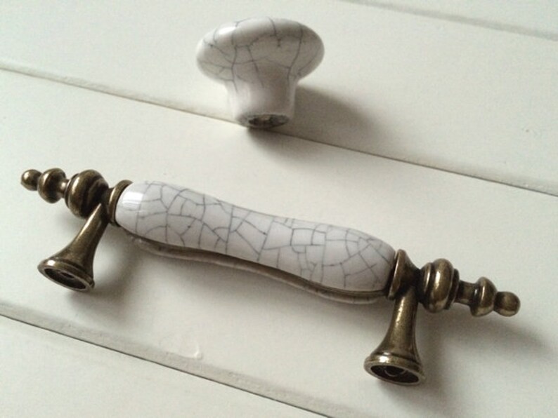 3 White Crackle Kitchen Cabinet Pulls Handles Knob | Etsy
