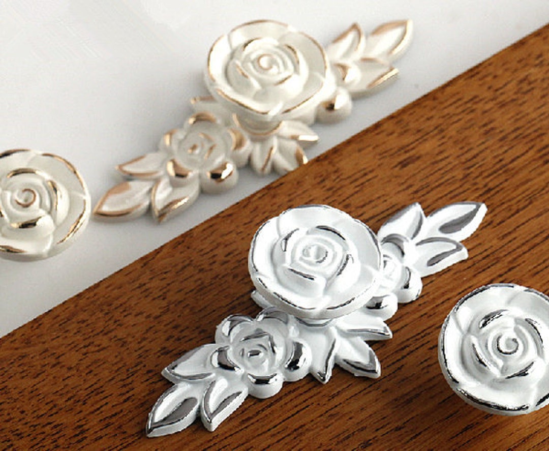 Rose Flower Dresser Knobs Drawer Knob Pulls Pull Handles Gold Silver ...