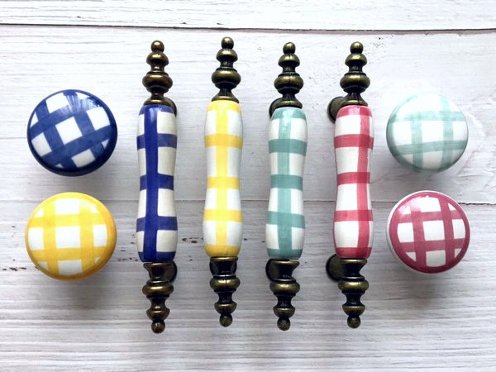 3 Gingham Drawer Pulls Knobs Handles Antique Bronze Blue | Etsy