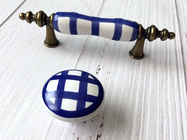 3 Gingham Drawer Pulls Knobs Handles Antique Bronze Blue | Etsy