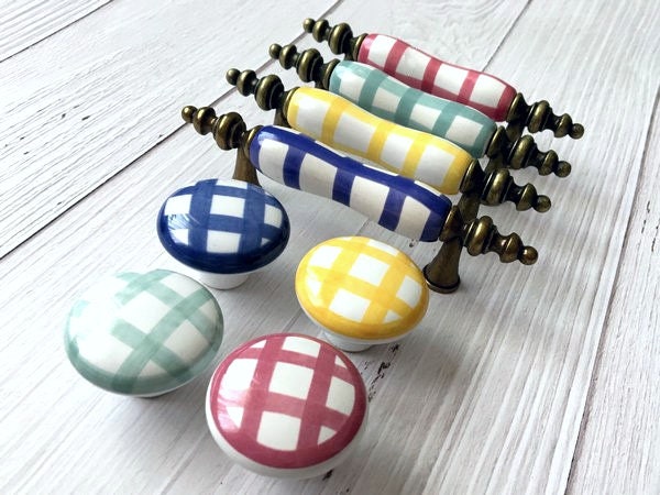 3 Gingham Drawer Pulls Knobs Handles Antique Bronze Blue | Etsy