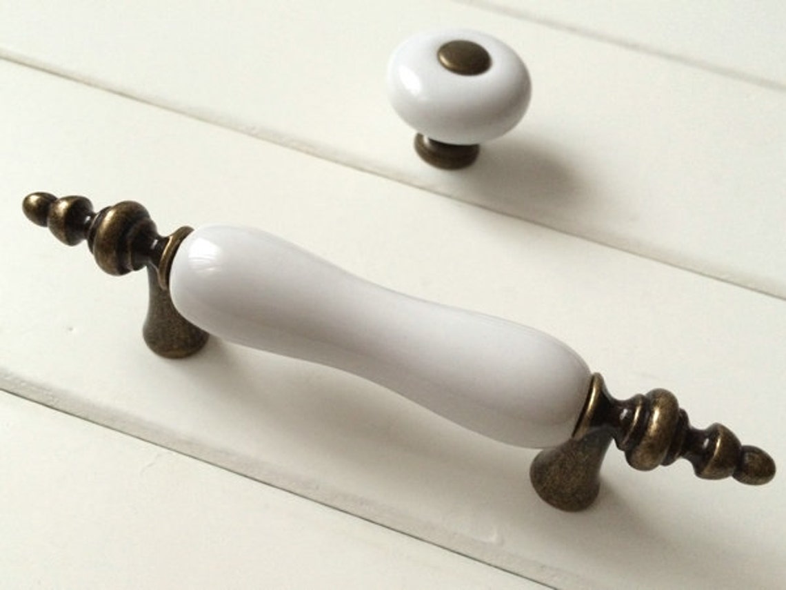 3 White Kitchen Cabinet Pulls Handles Knob Dresser Pulls | Etsy