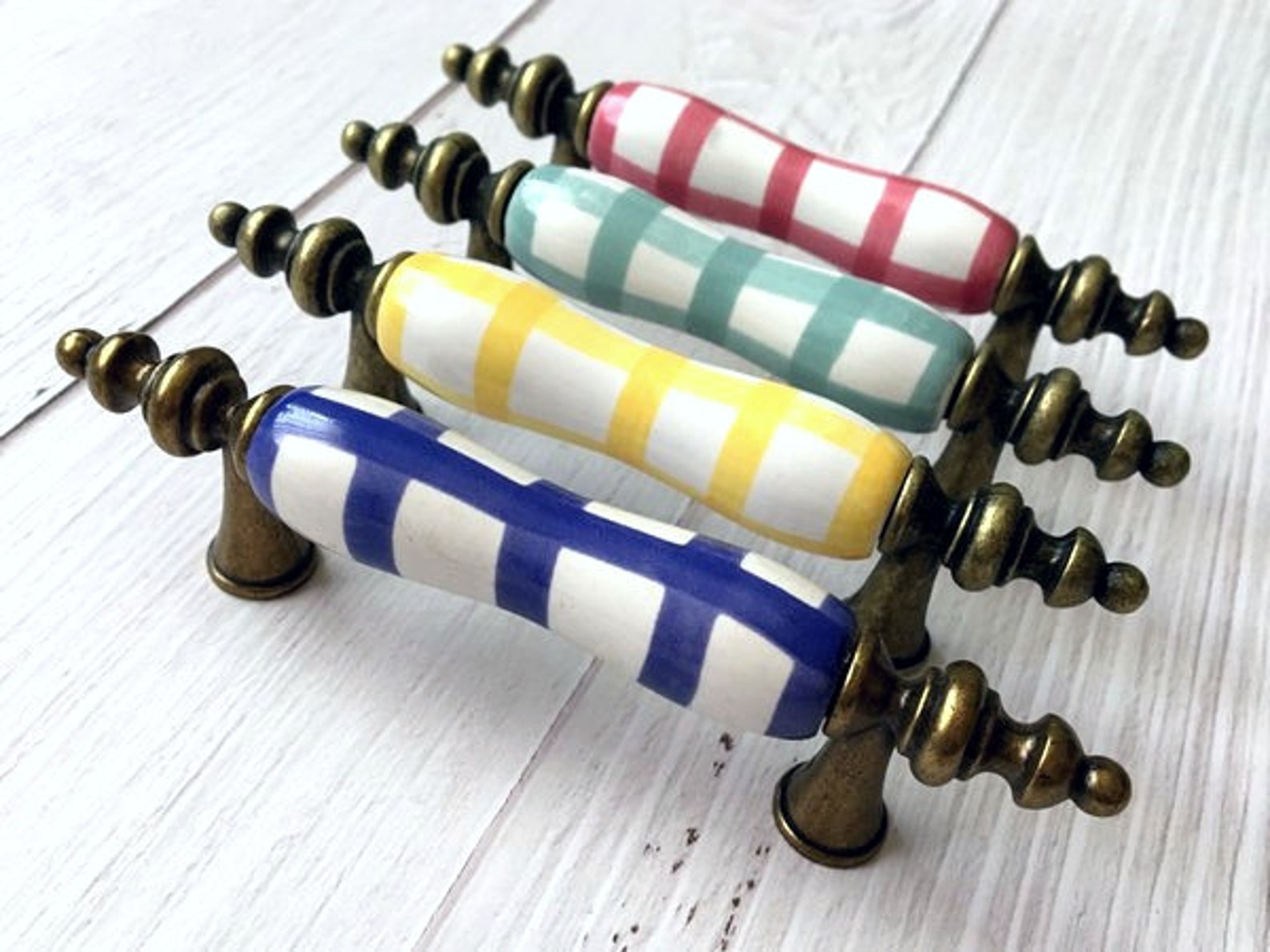 3 Gingham Drawer Pulls Knobs Handles Antique Bronze Blue | Etsy