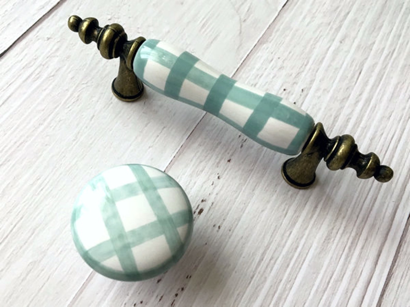 3 Gingham Drawer Pulls Knobs Handles Antique Bronze Blue | Etsy