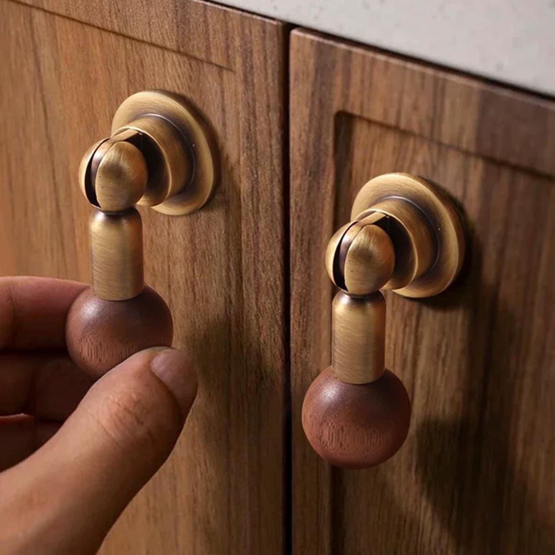Asian Inspired Brass Walnut Pendant Drawer Pull Wooden Cabinet Teardrop ...