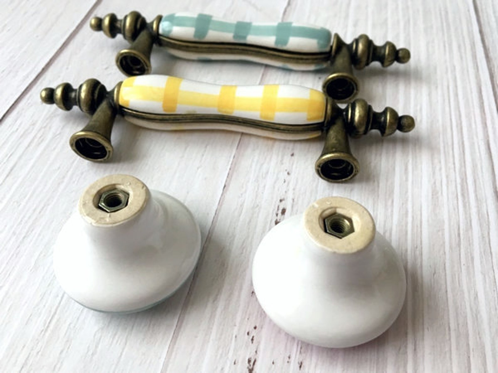 3 Gingham Drawer Pulls Knobs Handles Antique Bronze Blue | Etsy