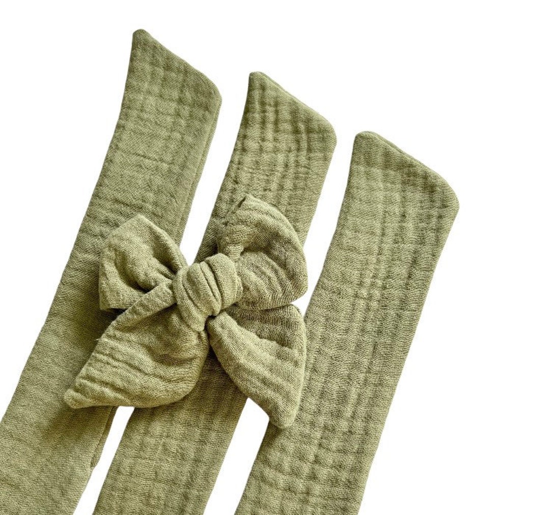 Set of 3 Bow Strips 3-4 Bows Olive Double Gauze DIY Bows Hand Tied Bow ...