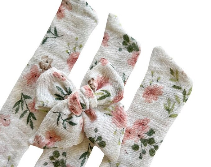 Set of 3 Bow Strips 3-4 Bows Pink Floral Double Gauze DIY Bows Hand ...