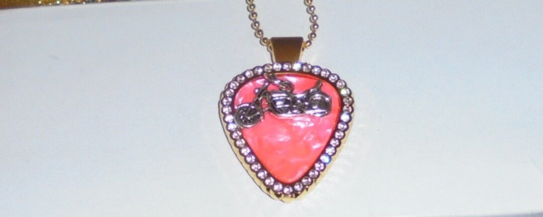 Motorcycle Chopper Rhinestone Pendant Chain Necklace Guitar Pick Harley ...