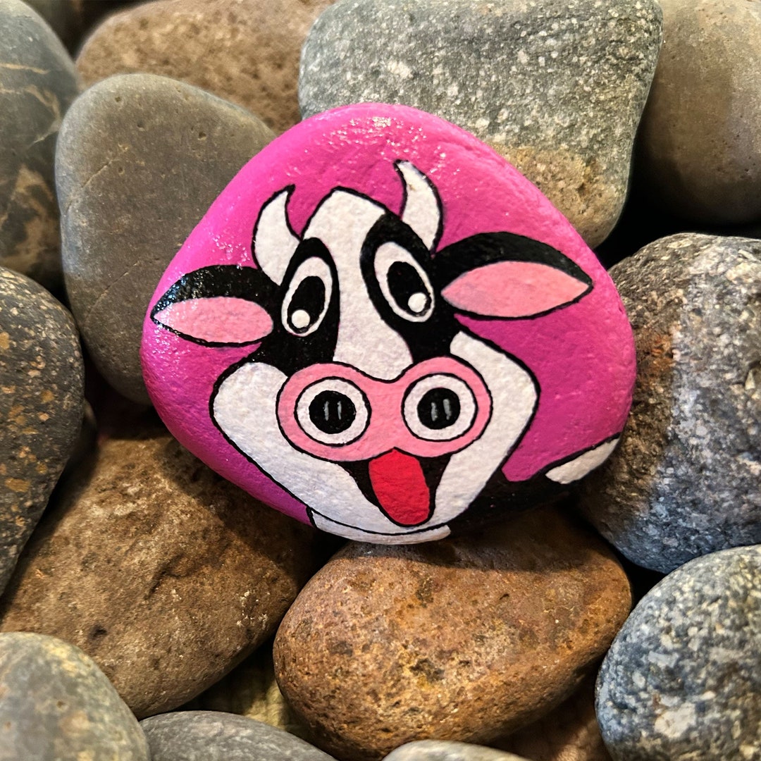 Pink Cow Painted Rock, Hand-painted, Garden Decor, Paperweight, Painted ...