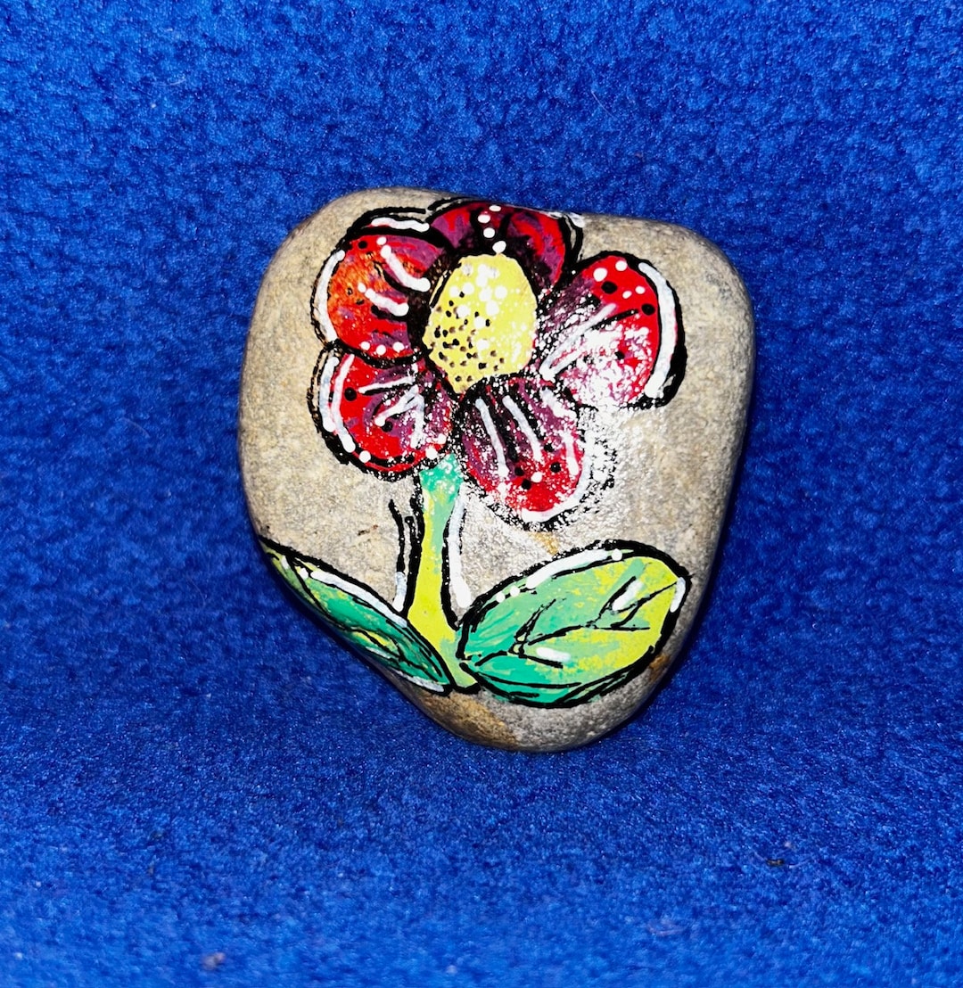 Red Floral Painted Rock, Paperweight, Rock Art, Acrylic Painted Rock ...