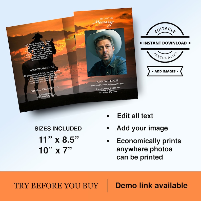 Easy to Edit Funeral Template Western Cowboy Rancher Photo Horseback ...