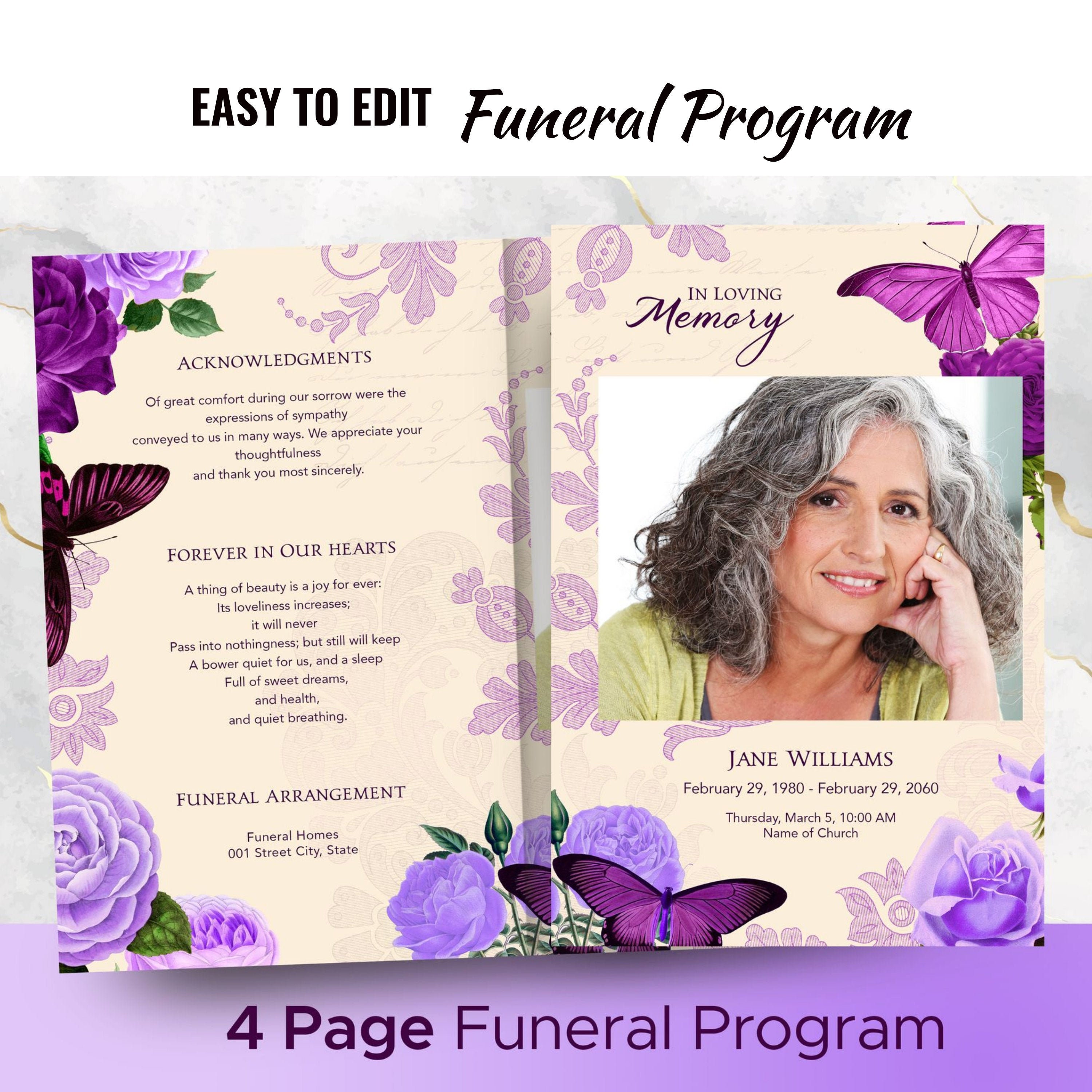Printable Funeral Program for Women Easy to Edit Purple Floral Memorial ...
