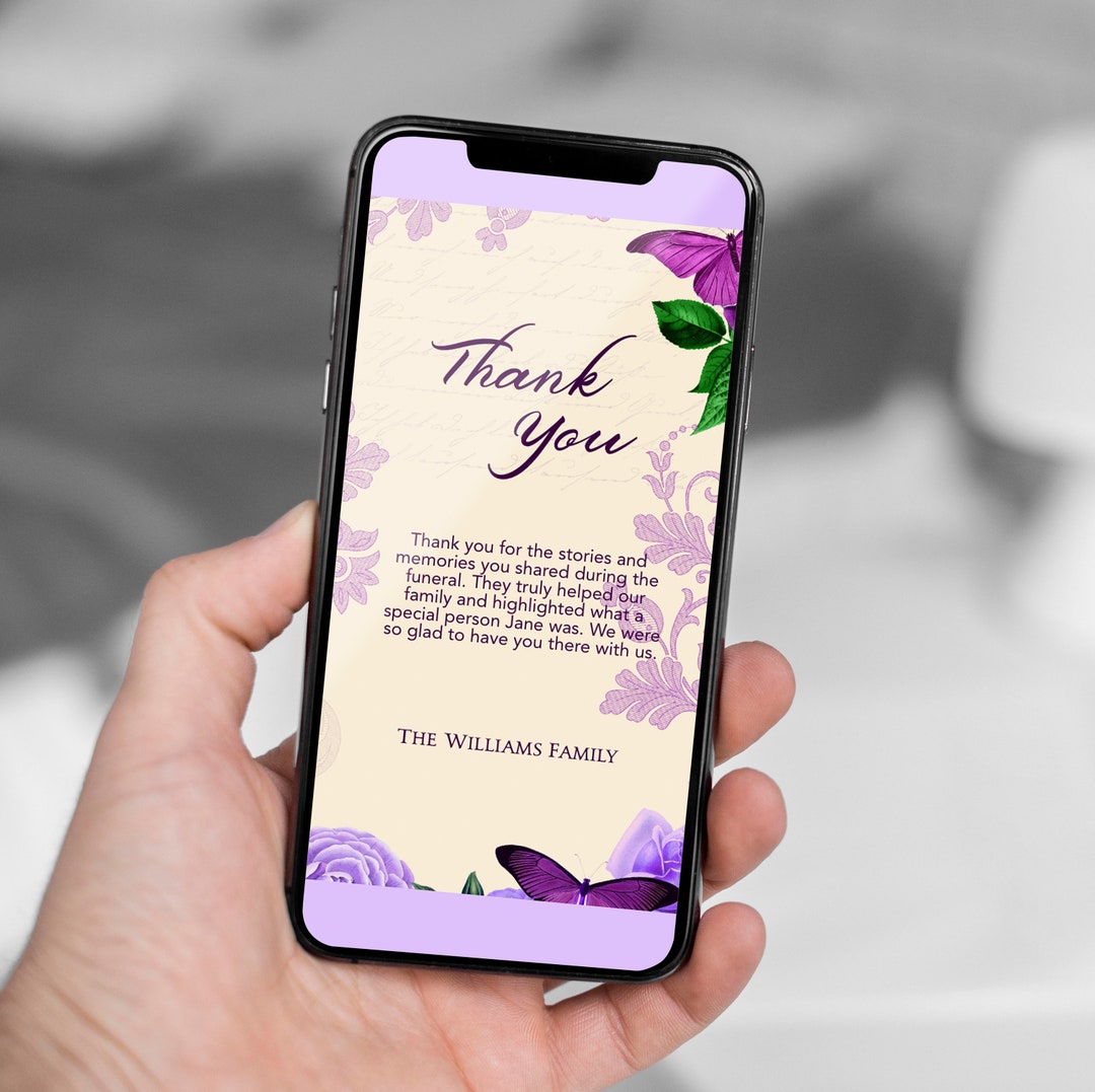 Electronic Memorial Thank You Card Purple Butterfly Elegant Flowers ...