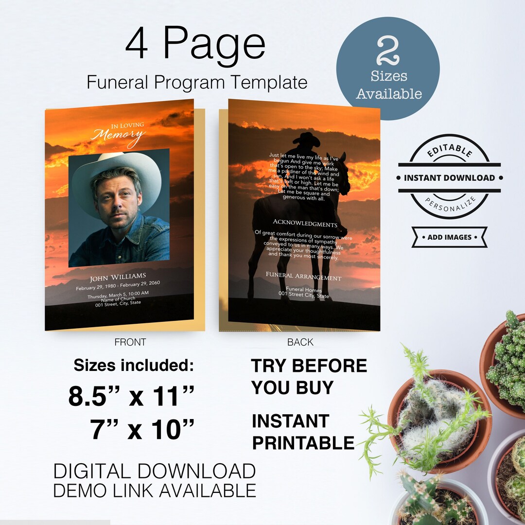 Easy to Edit Funeral Template Western Cowboy Rancher Photo Horseback ...