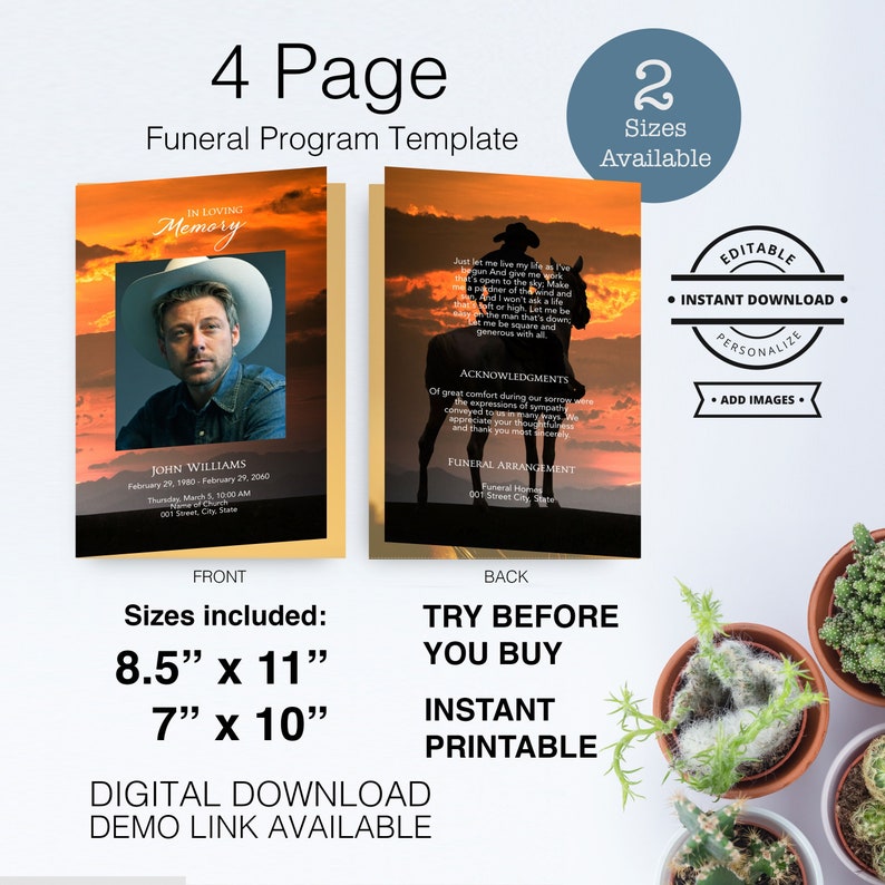 Easy to Edit Funeral Template Western Cowboy Rancher Photo Horseback ...