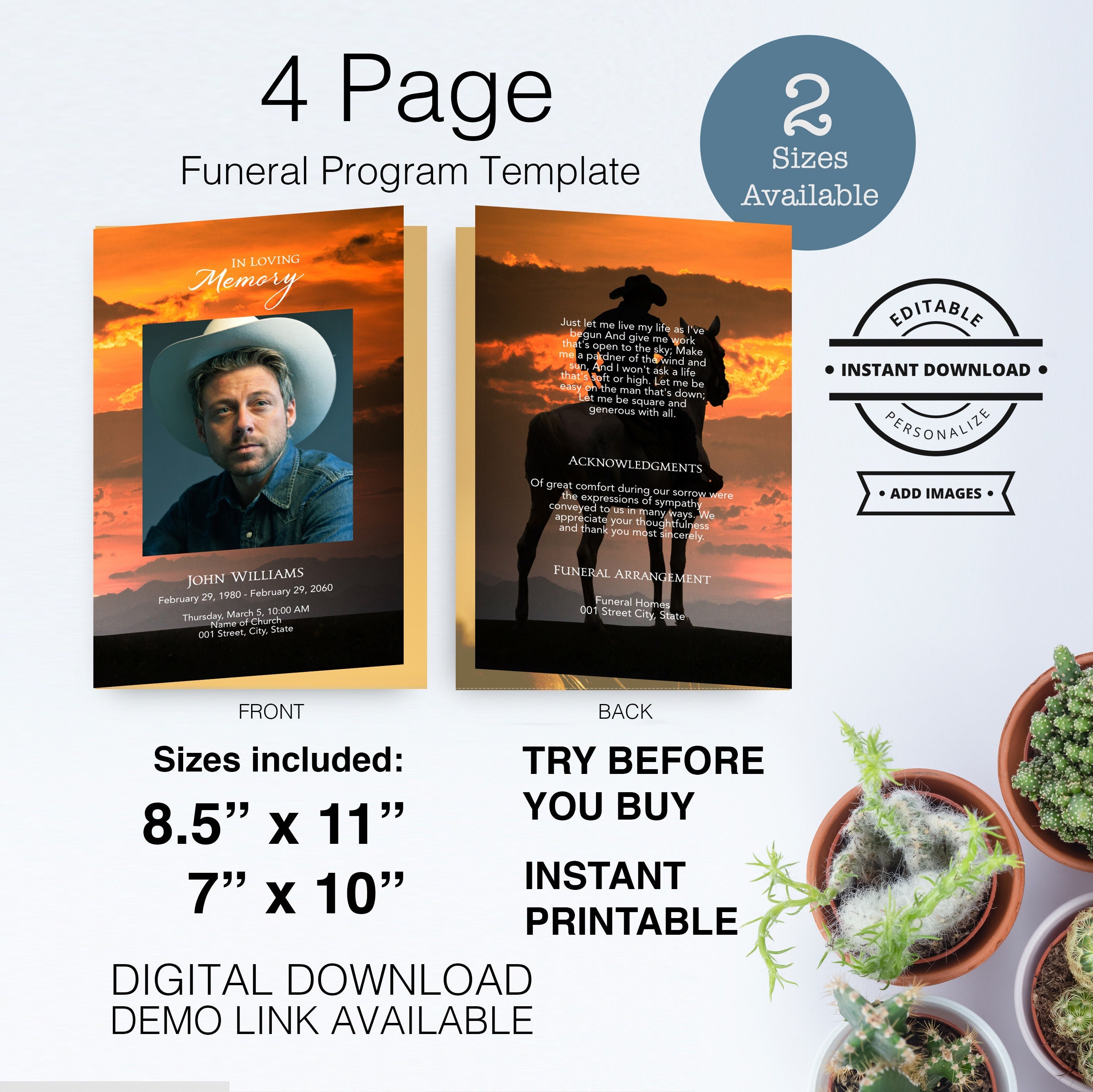 Easy to Edit Funeral Template Western Cowboy Rancher Photo Horseback ...
