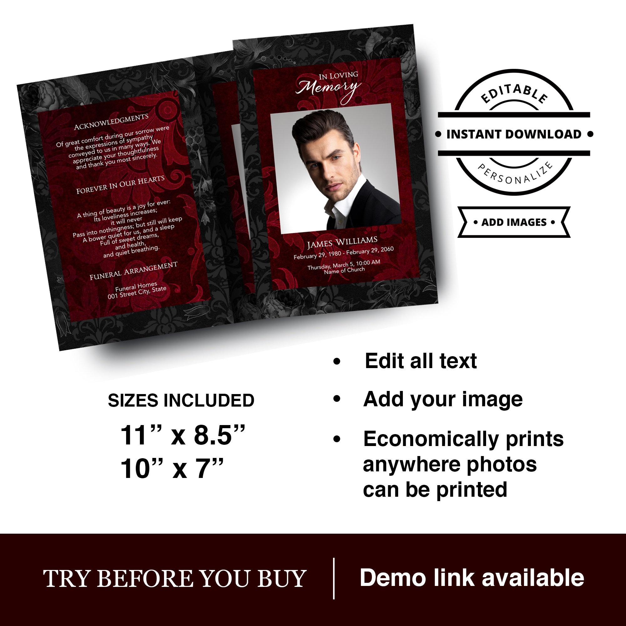 Editable Gothic Dark Wine Celebration of Life Black Roses Personalized ...