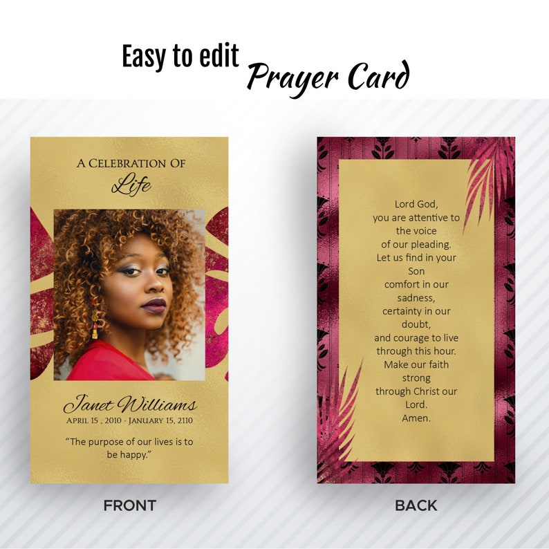 Funeral Prayer Card, Memorial Prayer Card, Celebration of Life, Easy to ...