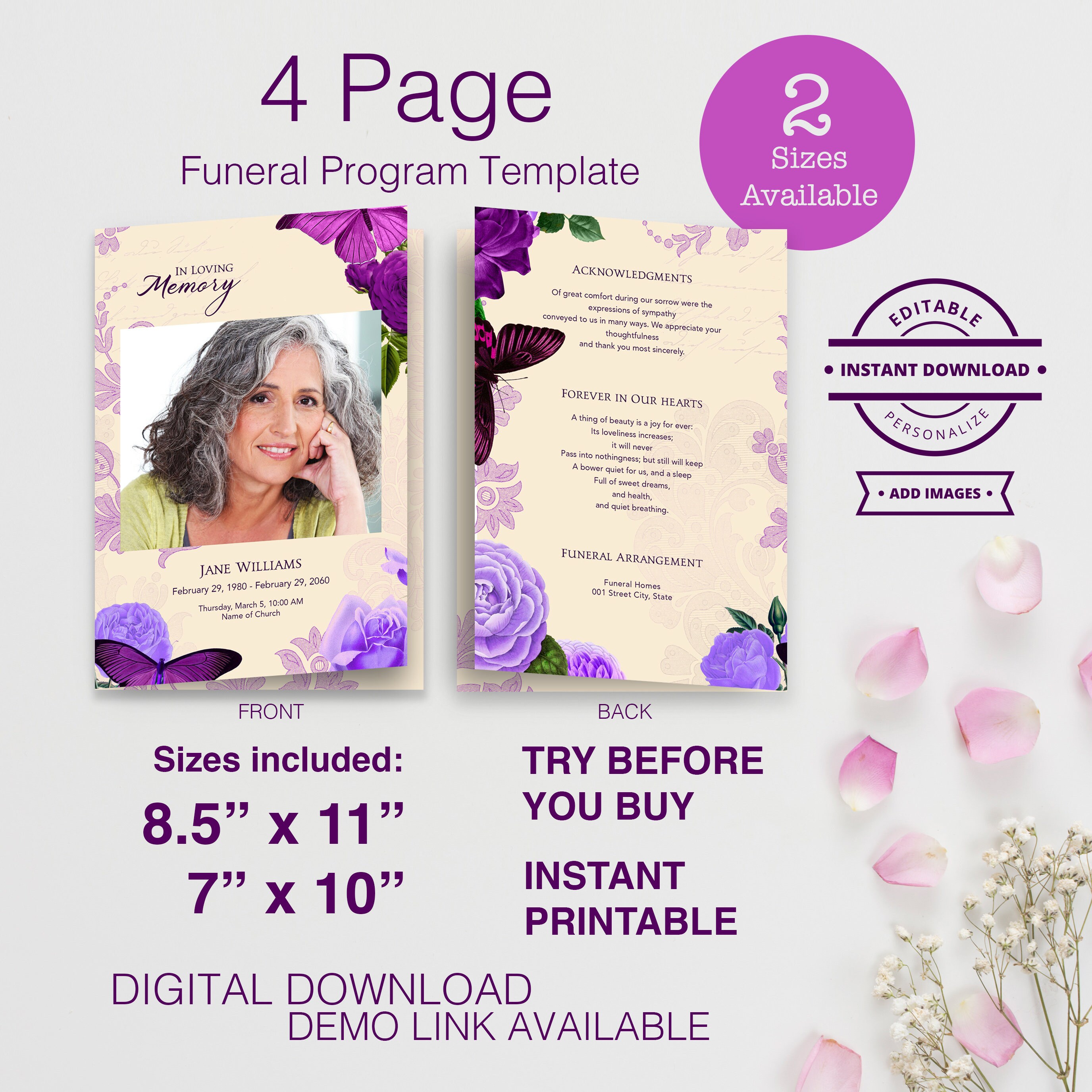 Printable Funeral Program for Women Easy to Edit Purple Floral Memorial ...