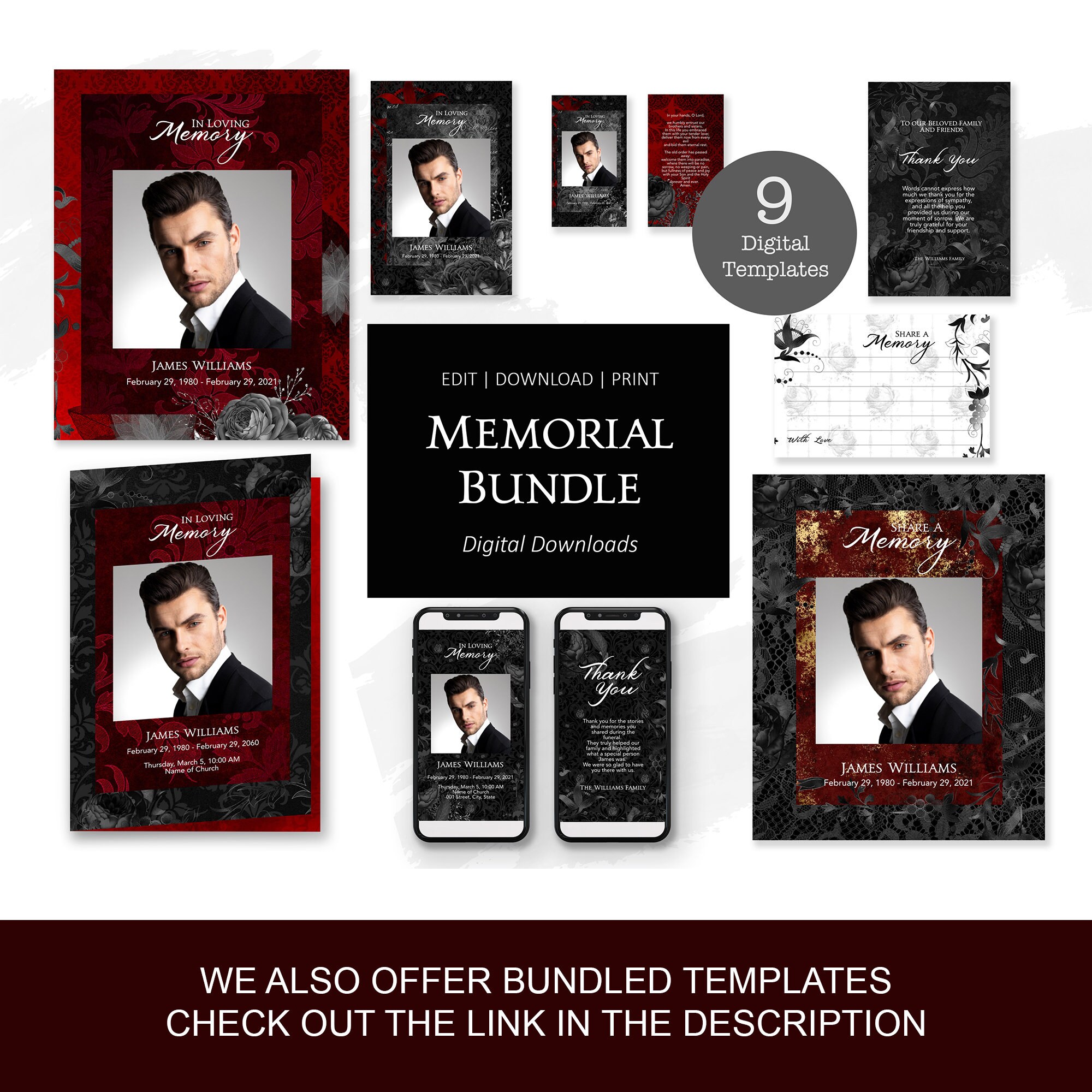 Editable Gothic Dark Wine Celebration of Life Black Roses Personalized ...