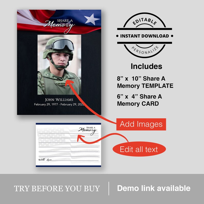 Printable American Soldier Veteran Military Funeral Share a Memory Set ...