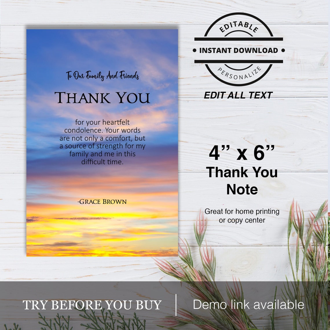 Printable in Loving Memory of Loved One Funeral Thank You Card Editable ...