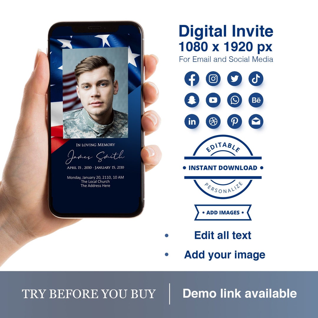Veterans Flag Mobile Funeral Invitation, Patriotic Electronic Cell ...