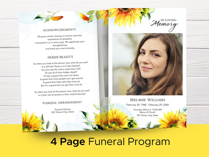 Sunflower Themed Memorial Service Program in Loving Memory Funeral Easy ...