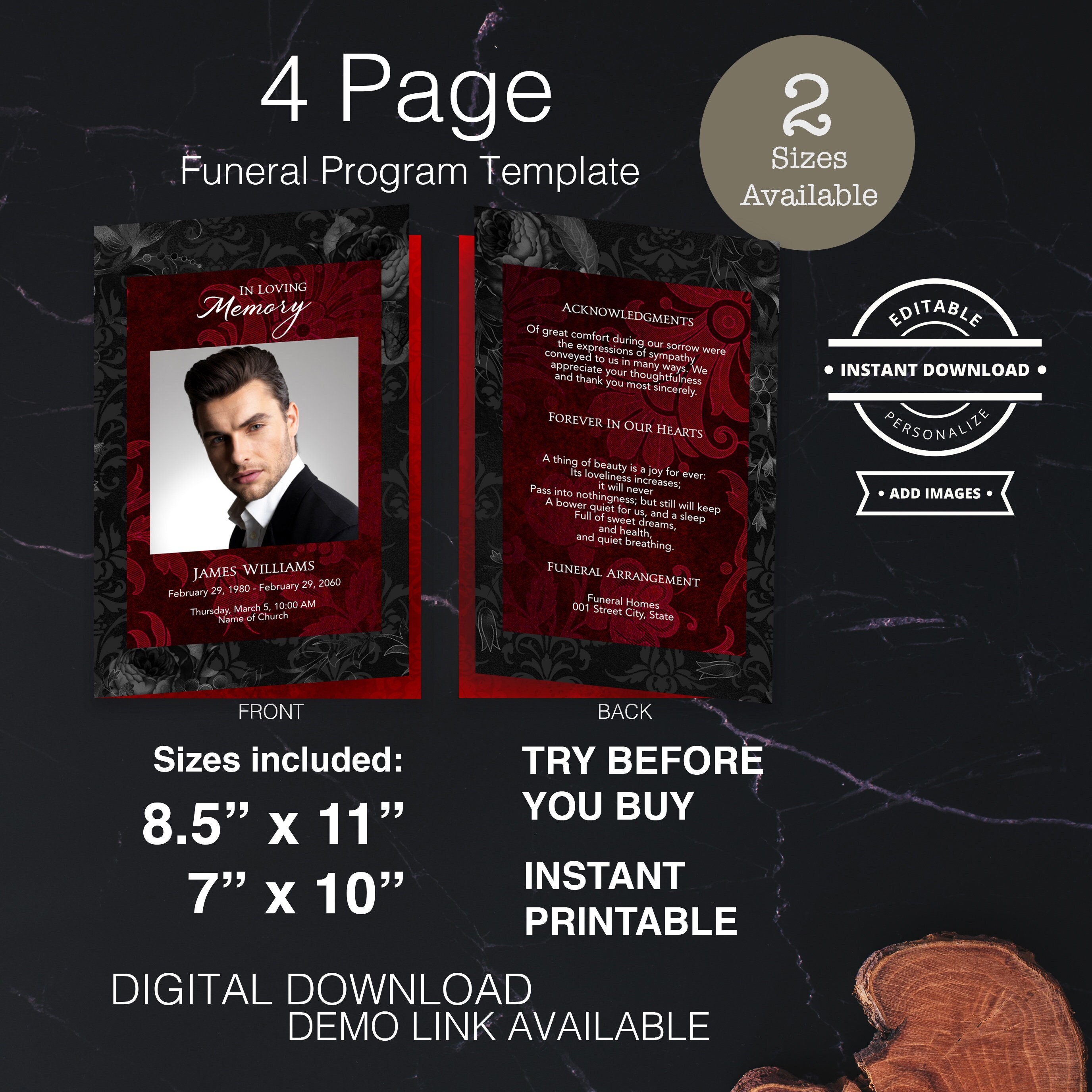 Editable Gothic Dark Wine Celebration of Life Black Roses Personalized ...