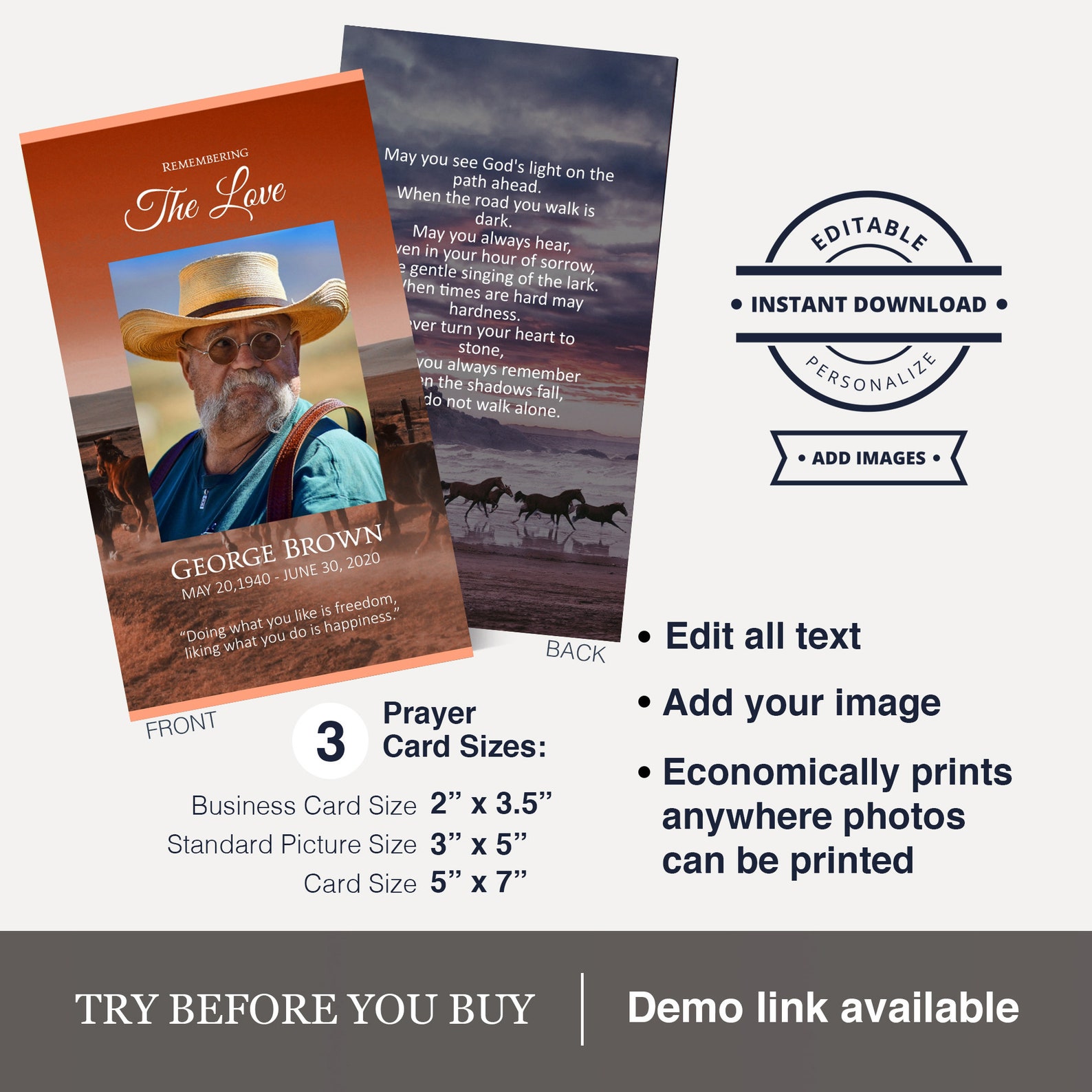 Printable in Loving Memory Cowboy Photo Funeral Prayer Card Order of ...