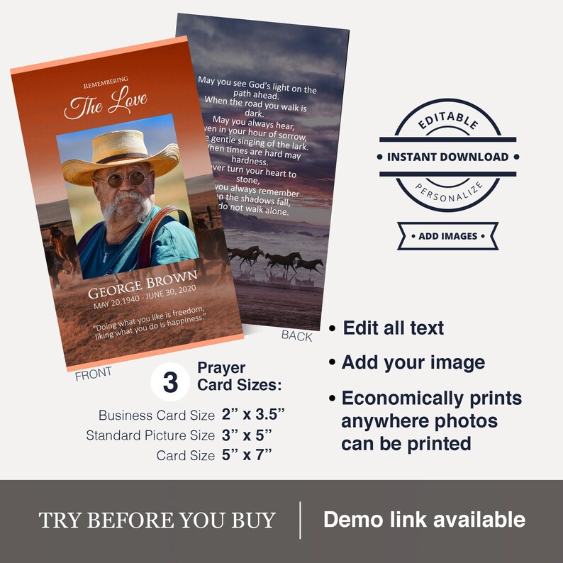 Printable in Loving Memory Cowboy Photo Funeral Prayer Card Order of ...