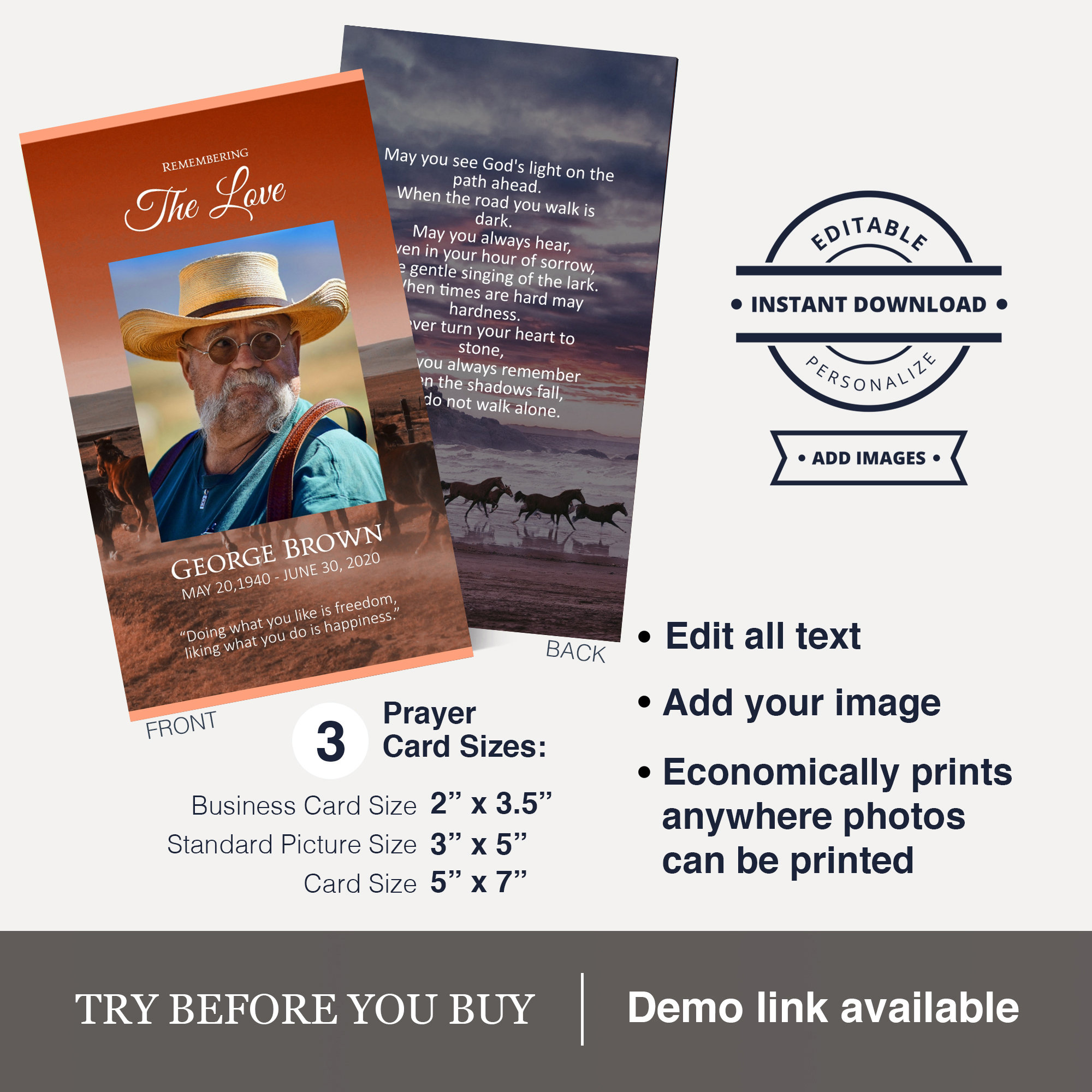 Printable in Loving Memory Cowboy Photo Funeral Prayer Card Order of ...