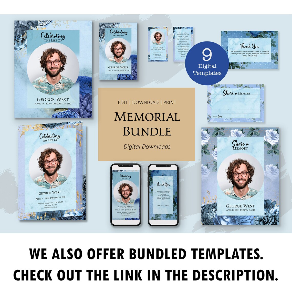 Printable Funeral Program for Men EASY TO EDIT Blue Floral Memorial ...