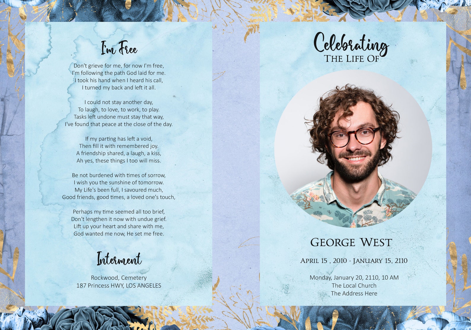 Printable Funeral Program for Men EASY TO EDIT Blue Floral Memorial ...