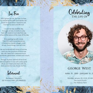 Printable Funeral Program for Men EASY TO EDIT Blue Floral Memorial ...