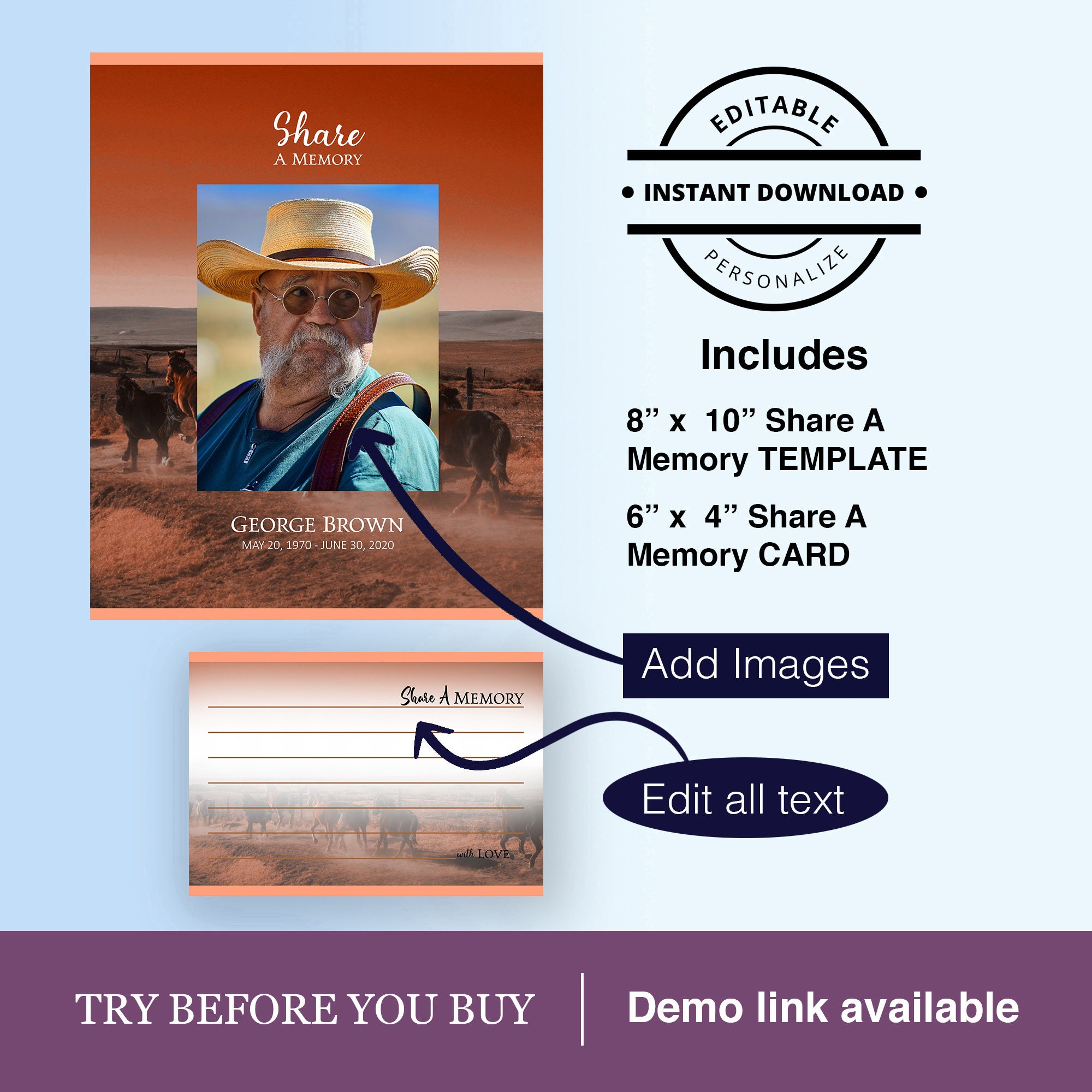 Editable in Loving Memory of Cowboy Horses on the Plains at Sunset ...