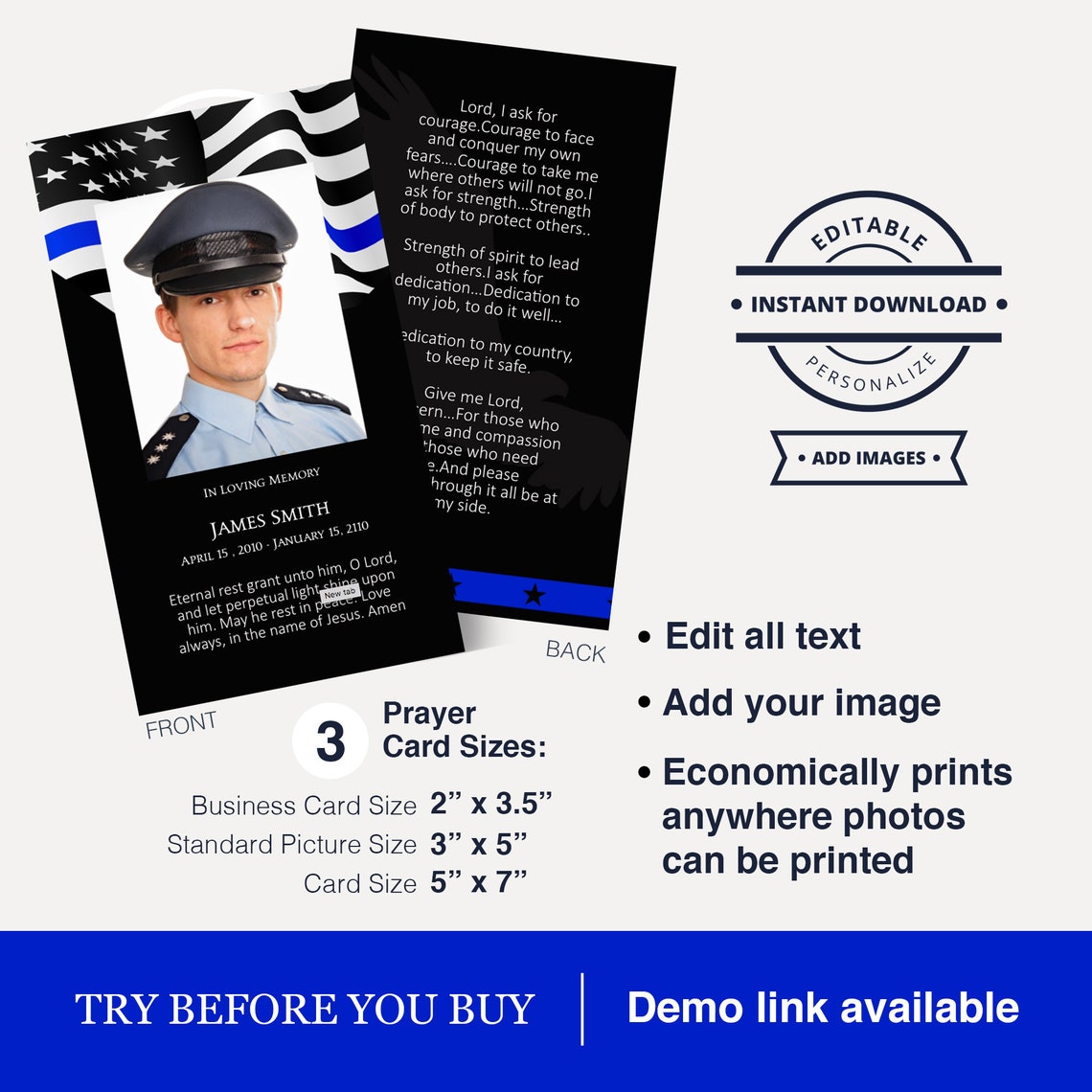 Printable Policeman Funeral Prayer Card Law Enforcement Officer Black ...