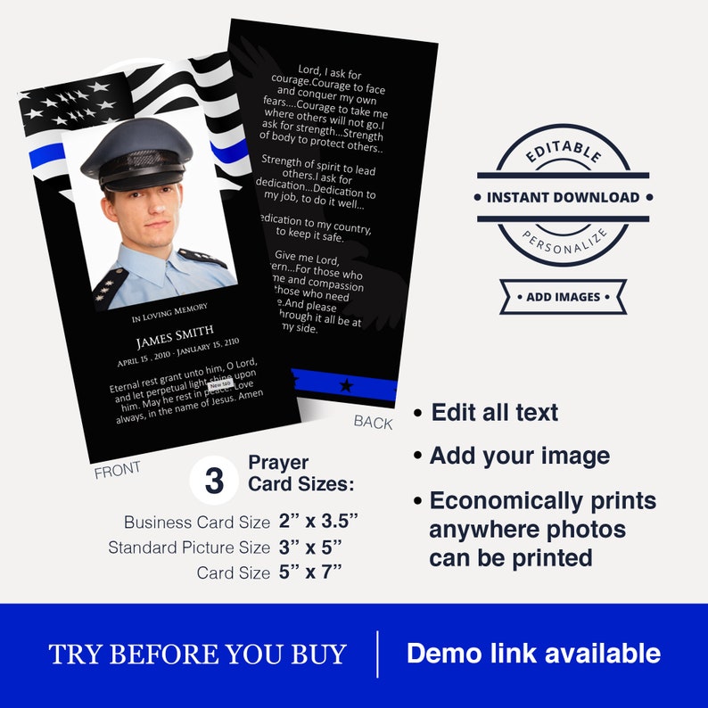 Printable Policeman Funeral Prayer Card Law Enforcement Officer Black ...
