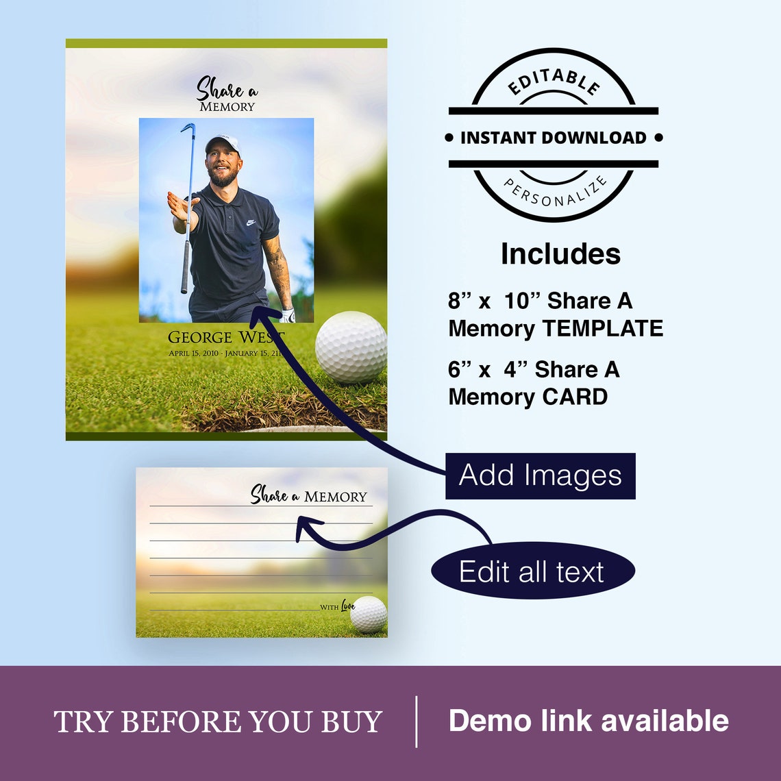 Editable Funeral Share a Memory Set Printable Golfing Memorial Service ...