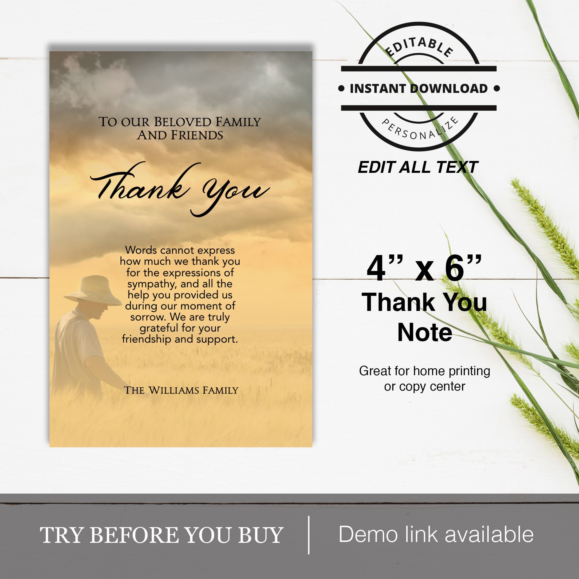 Celebration of Life Easy to Edit Farmer Funeral Thank You Card Farm ...