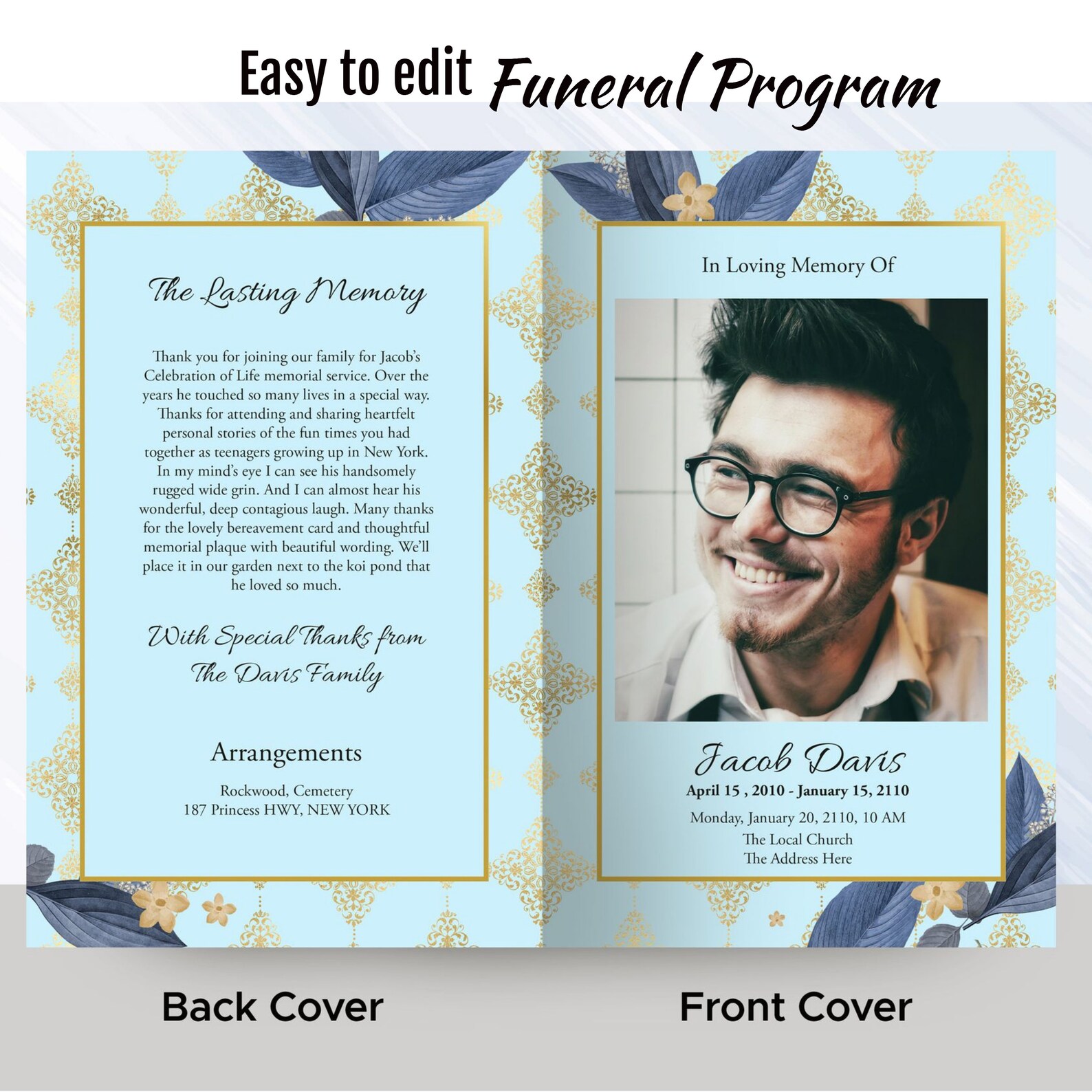 Men's Funeral Program Template Easy to Edit PRINTABLE Celebration of ...