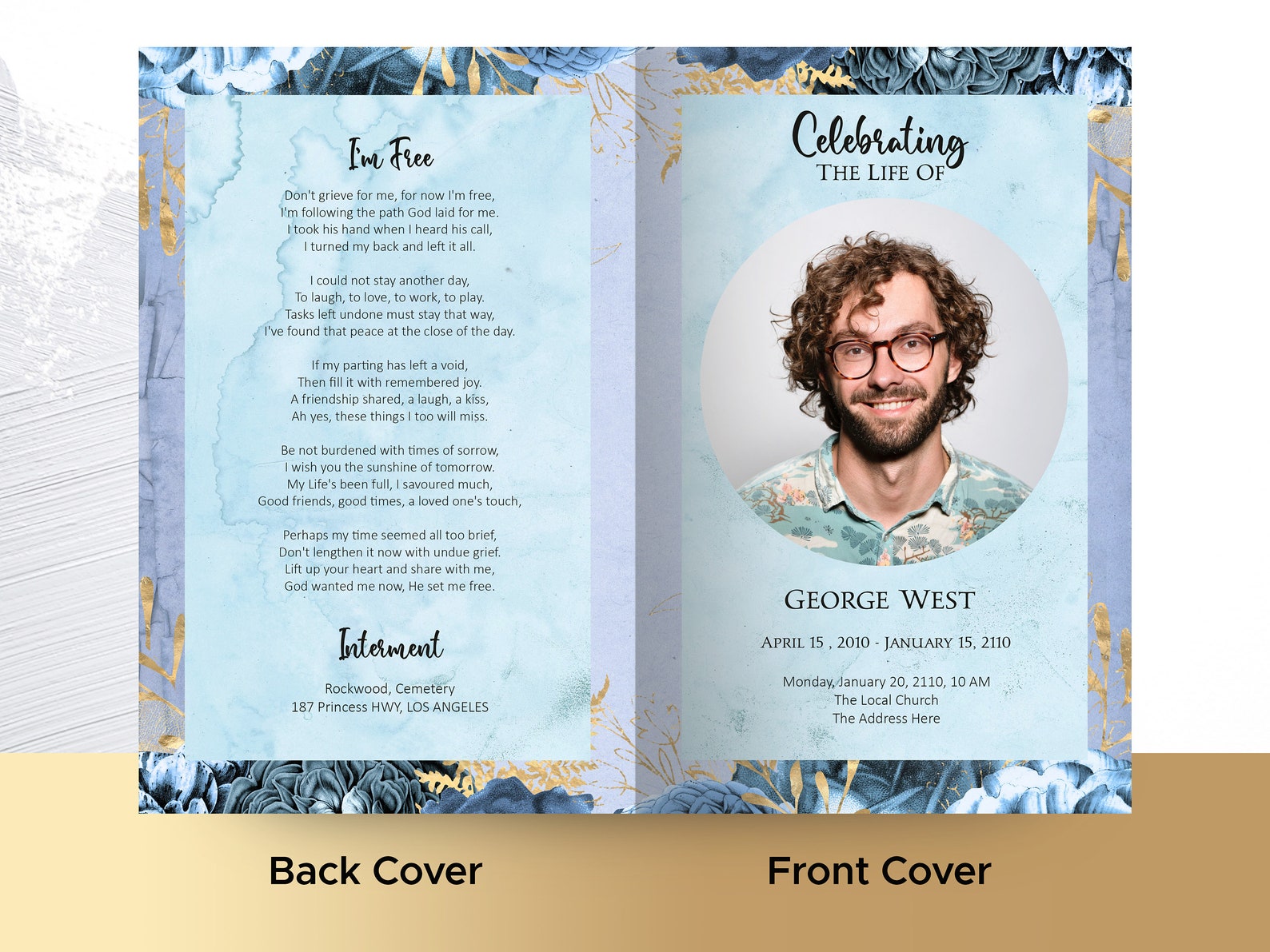 Printable Funeral Program for Men EASY TO EDIT Blue Floral Memorial ...